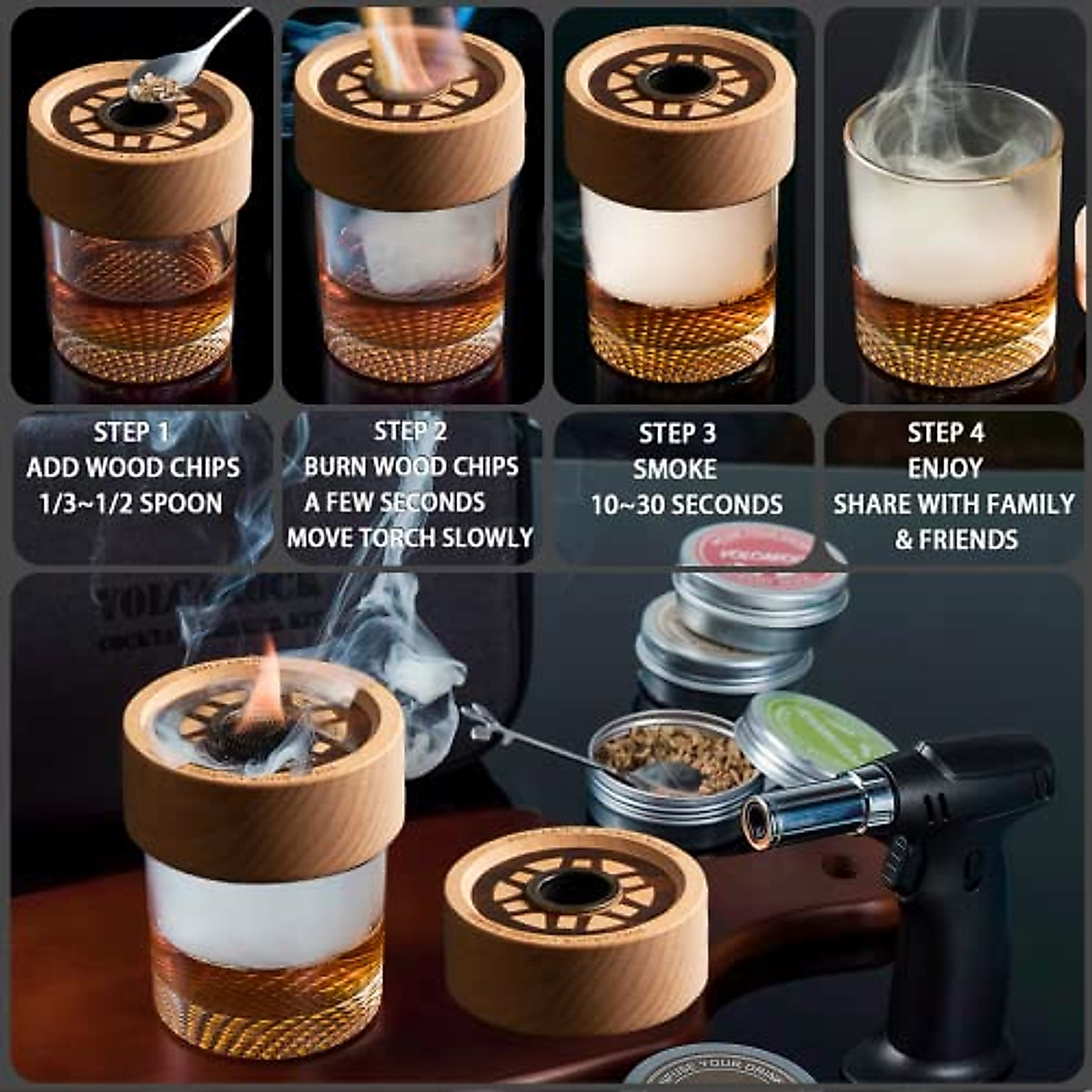 VOLCAROCK Wooden Cocktail Smoker, Home Bartender Kit with Carry Case, Torch Included, Wood Chip Infuser Smoker, Ideal Father's Day Gift, Luxury Bar Set for Old Fashioned, Whiskey, Manhattan and More