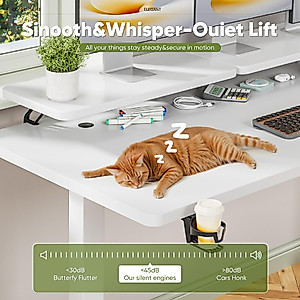 Shahoo Electric Standing Desk with Monitor Shelf, 63 x 27 Inches Height Adjustable Corner Table, Computer Workstation with Cup Holder and Hook for Home Office, White, 63x27 Inch