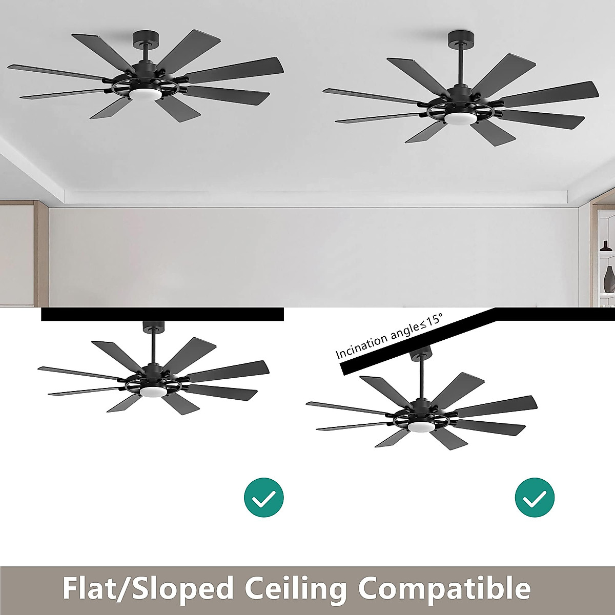 ELEHINSER 60" Ceiling Fan with Lights and Remote Control, Wood 8 Blades 6-Speed Noiseless Reversible DC Motor, Modern Windmill Ceiling fan for Kitchen Bedroom Dining Living Room, Black
