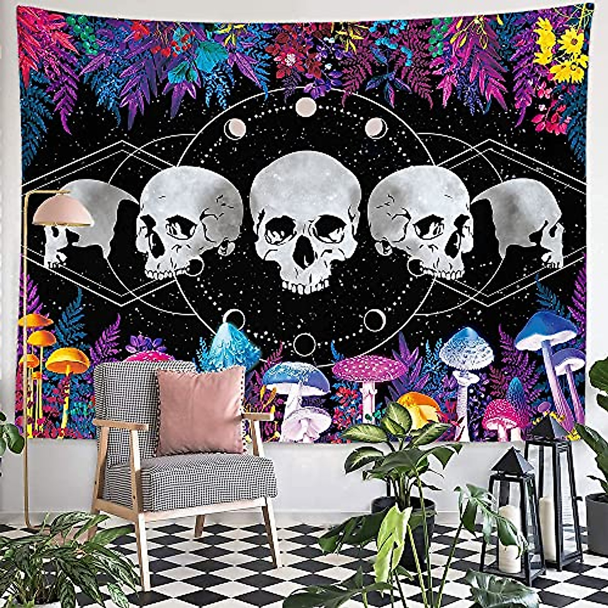 Jinxy Skull Moon Phase Mushroom Garden Tapestry, Psychedelic Floral Plant Tapestry, Wild Flowers Tapestry Home Decor Wall Hanging for Living Roomall Hanging for Living Room (Moon Phase Skull, 51.2" x 59.1")