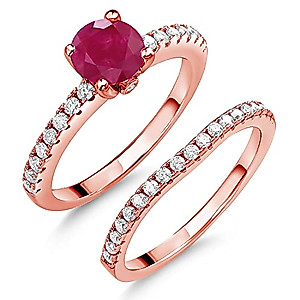 Gem Stone King 18K Rose Gold Plated Silver Red Ruby and White Moissanite Wedding Engagement Band Bridal Set Ring For Women (1.49 Cttw, Gemstone July Birthstone, Available In Size 5, 6, 7, 8, 9)