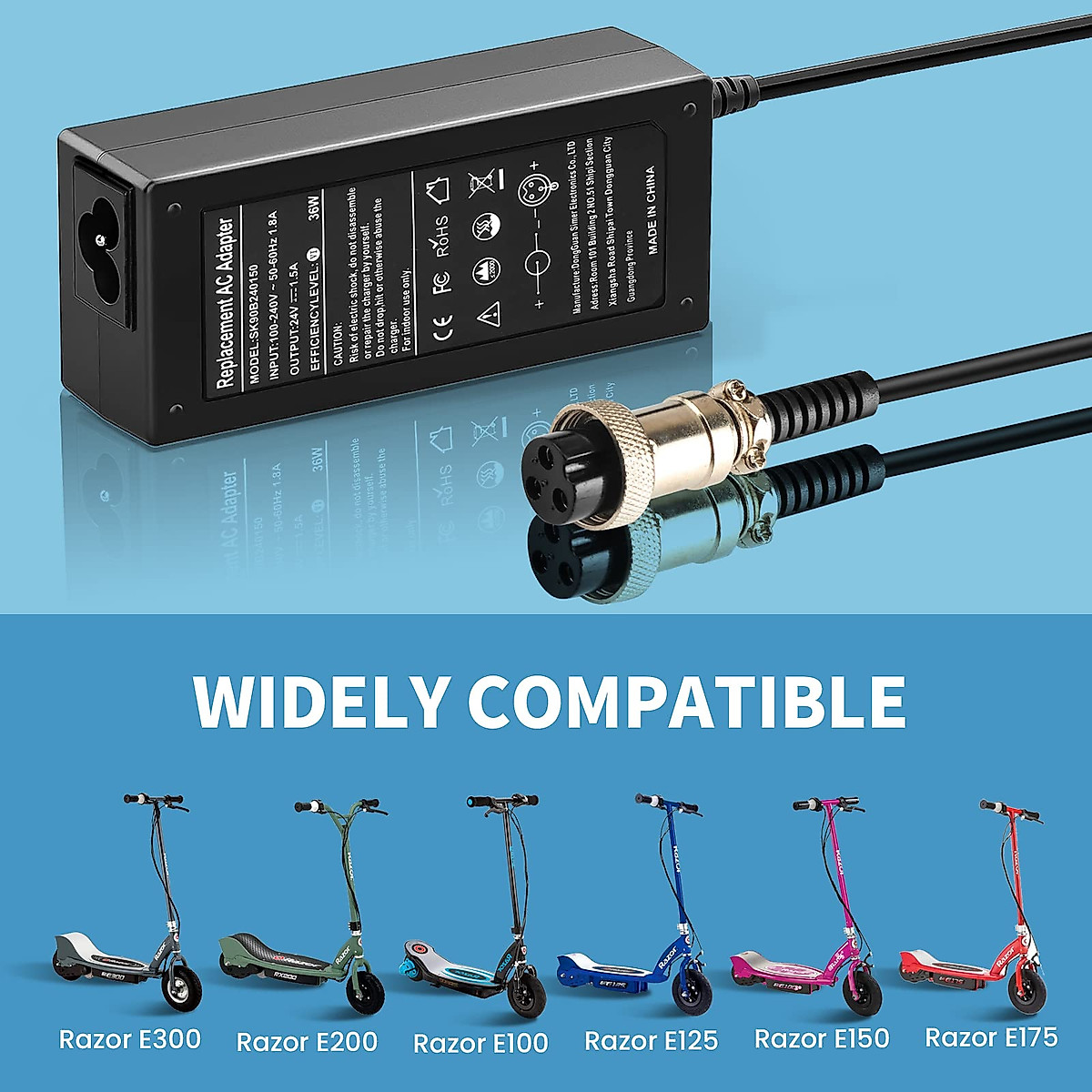 24V 1.5A 36W Scooter Battery Charger for Razor E100 E200 E200S E225 E300 E300S PR200 E125 E150 E500 E225S E325S MX350 MX400 Pocket Mod, Sports Mod, and Dirt Quad Charger Power Supply Cord