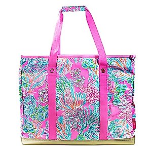 Lilly Pulitzer Large Utility Tote Bag, Heavy Duty Collapsible Tote, Storage Bin with Zip Lid & Reinforced Base, Seaing Things