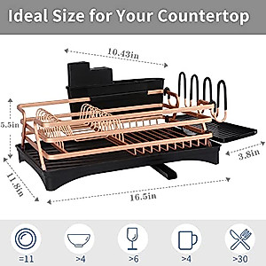 Aluminum Dish Drying Rack, ROTTOGOON Rustproof Dish Rack and Drainboard Set with Drainage, Utensil Holder, Cup Holder, Compact Dish Drainer for Kitchen Counter Cabinet, 16.5"L x 11.8"W, Black & Copper