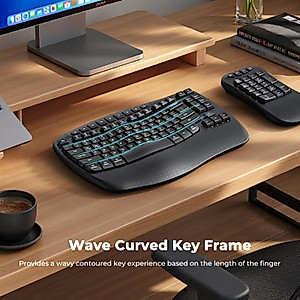MEETION Ergonomic Wireless Keyboard with Separate Numeric Keypad, Wave Flexible 2-in-1 Setup for Multi-Device, 2.4G/Bluetooth Split Design with Wrist Rest for Accountants/Data Entry/Left-Handed User