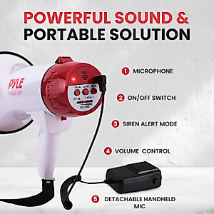 Pyle 40 Watt Professional Megaphone Clear Sound & Ergonomic Grip - Multi-Function with Talk, Siren, Volume Control - Detachable Handheld Mic - Indoor & Outdoor Sports, Emergency Response
