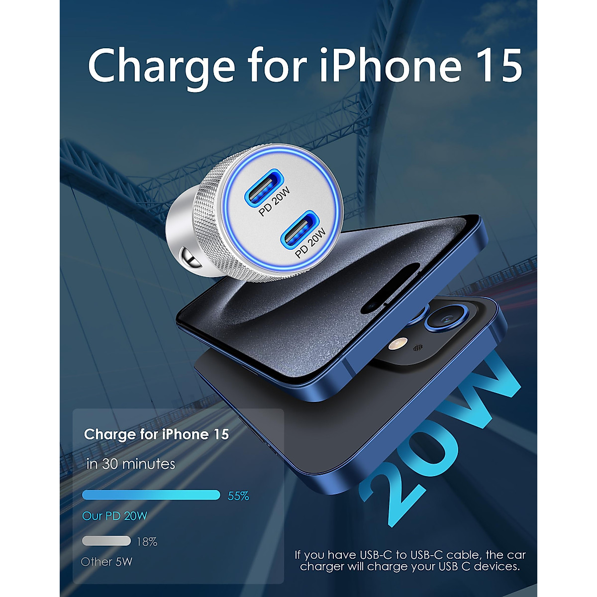 iPhone 15 Car Charger Fast Charging, 20W USB C Charger Block + 2 x 3FT USB-C to C Cable + 40W Dual USB C Car Adapter Power Cigarette Lighter Charger for iPhone 15/15 Plus/15 Pro Max, iPad, Pixel 8/7/6