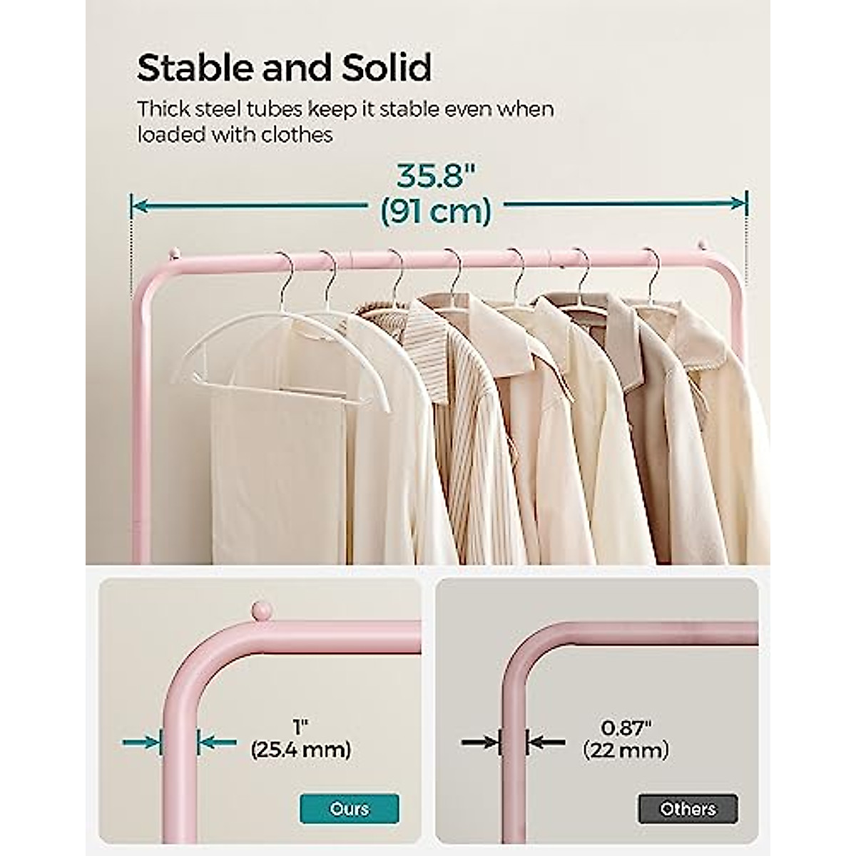 SONGMICS Clothes Rack with Wheels, 36 Inch Garment Rack, Clothing Rack for Hanging Clothes, with Dense Mesh Storage Shelf, 110 lb Load Capacity, 2 Brakes, Steel Frame, Jelly Pink UHSR025P01