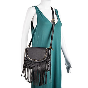 Zodaca Black Fringe Purse for Women, Faux Leather Hippie Crossbody Bag (10.5 x 1.5 x 7.8 In)