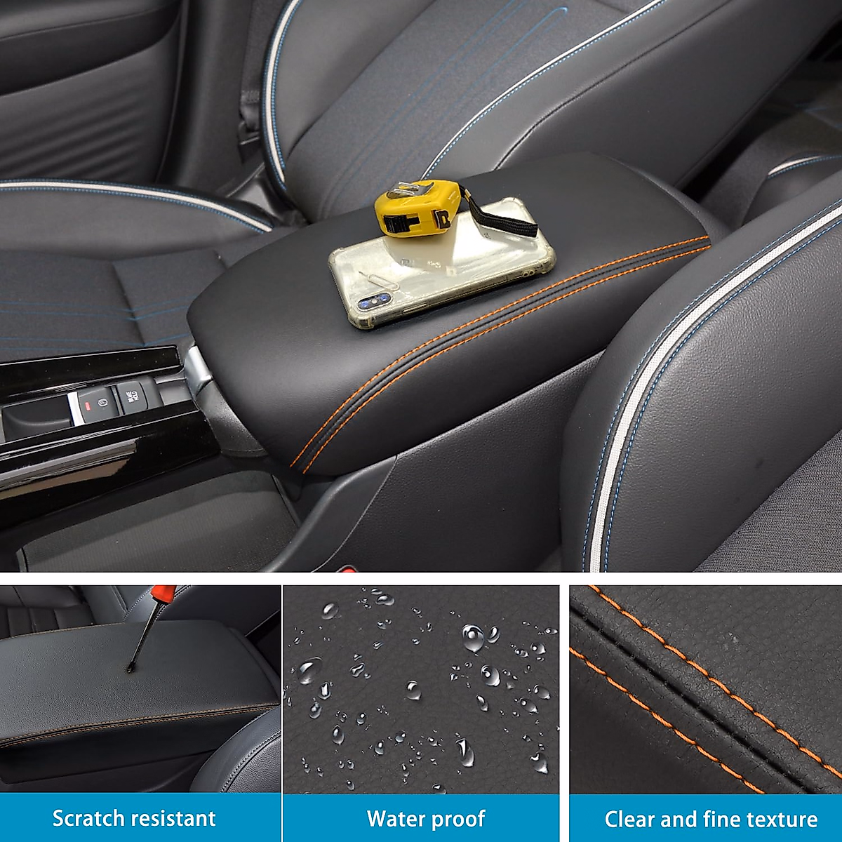 LOCOY Center Console Armrest Cover for Honda HRV Accessories 2023 2024 2025, for HR-V Arm Rest Box Lid Protection Trim, Armrest Seat Leather Interior, Middle Console Liner (Orange Stitches)