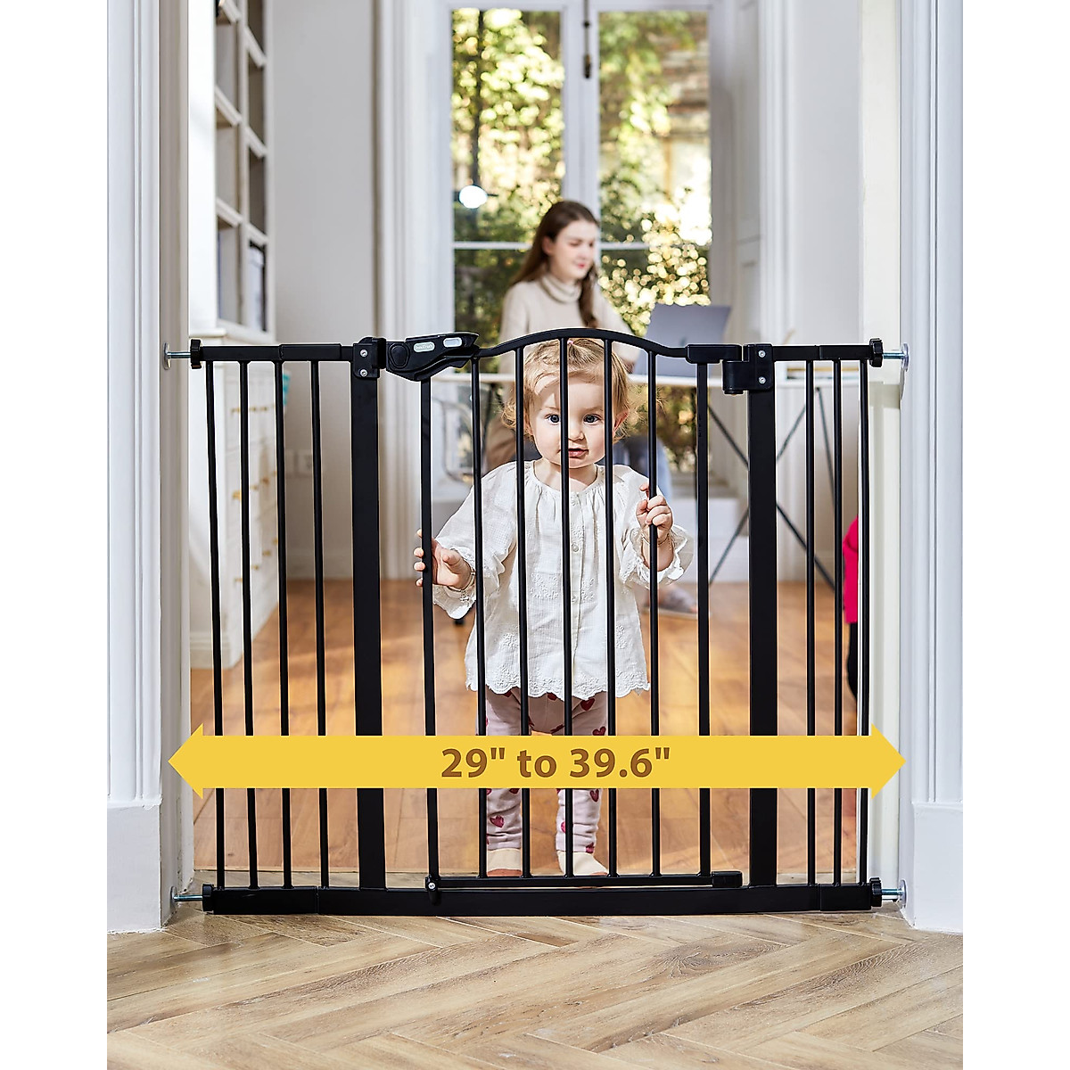 InnoTruth 29-39.6" Width Auto Close Baby Gate, 30" Tall Wide Dog Gate for Pets, Easy Install Walk Through for Doors, Hallways, House, Safety Kid/Puppy Pressure or Hardware Mounted Metal Gate, Black