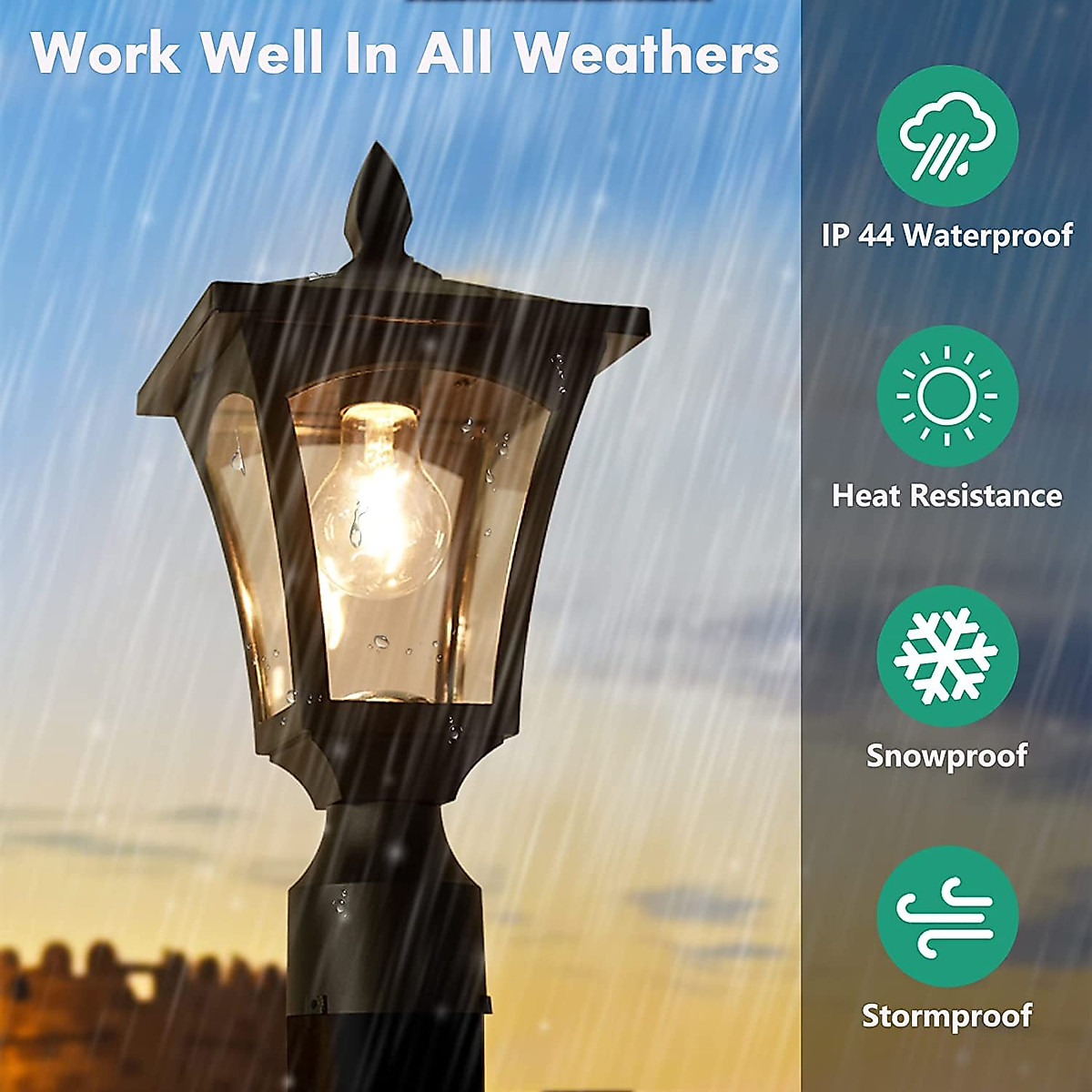 PASAMIC Solar Powered Black Pathway Light Fixture, 3000K Warm White, Weather Resistant, Energy Saving, IP44 Waterproof, 60 Lumens, 3" Standard Lamp Post or 5.6" Piers Included