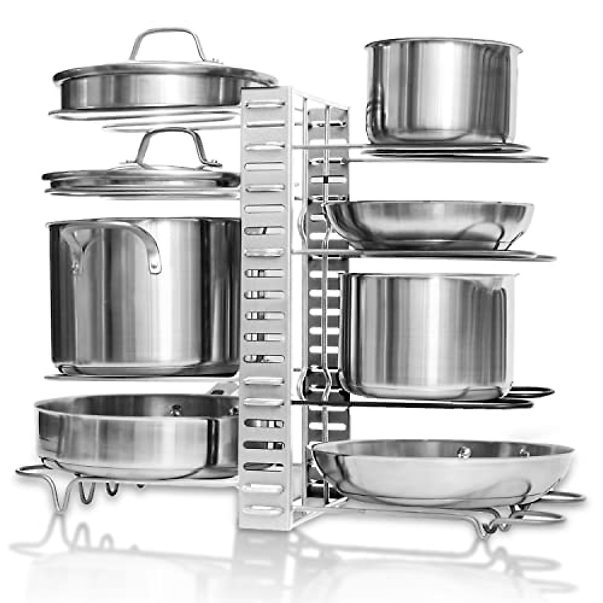 GeekDigg Pot and Pan Organizer for Cabinet, Extensible and Length Adjustable Lid Rack for Kitchen Counter and Cabinet, Lid Organizer for 10+ Pots and Pans with 6 DIY Methods (Silver)