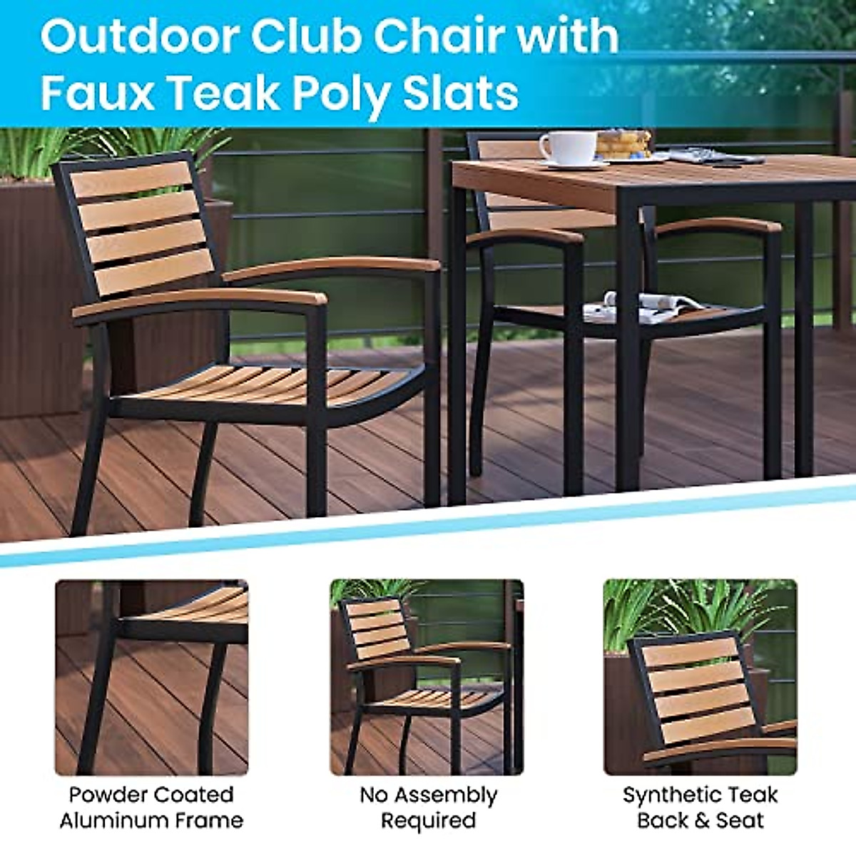Flash Furniture Stackable Aluminum Patio Chair - All-Weather Black Framed Side Chair with Faux Teak Slats - Faux Teak Accented Arms - Commercial Grade - Set of 4