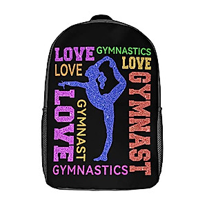 WZOMT Gymnastics Backpack for Girls Women, Colorful Love Gymnastics Gymnast on Black Bookbags Shoulder Schoolbag Rucksack Daypack Water Resistant Sport Hiking Travel Bags Gifts Large 17"