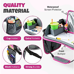 Kids Travel Tray with Dry Erase Board, Car Seat Lap for Food & Play Activity, Carseat Table Trays for Toddler, Kid Activity Desk for Air Travel, No-Drop Tablet Holder & Borders (Grey with Pink Frame)