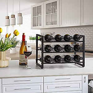 IBUYKE Wine Rack, Stackable Wine Storage Shelf, Liquor Bottle Holders, 3 Tier for 12 Bottles, Inserts for Cabinet, Countertop, Pantry, Bar, Small Space, Study Steel Water Bottle Organizer TMJ906H