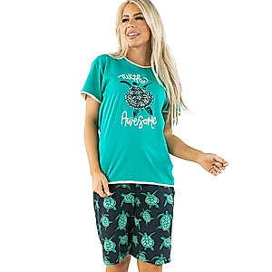 Lazy One Bermuda Short and T-Shirt Set, Cute Pajama Lounge Set for Women, Summer Loungewear, Turtle, Ocean, Sea, Beach (Turtley Awesome, Small)