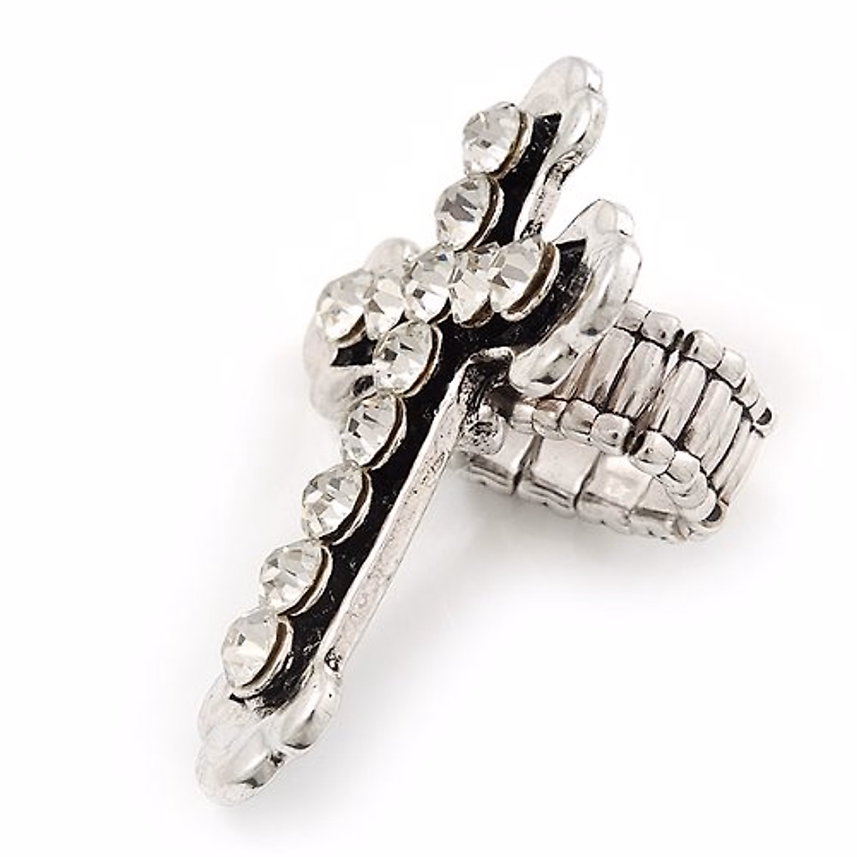Avalaya 'Fleur de Lis' Crystal Set Statement Cross Stretch Ring In Vintage Silver Finish - 6cm Length - Adjustable size 7/8