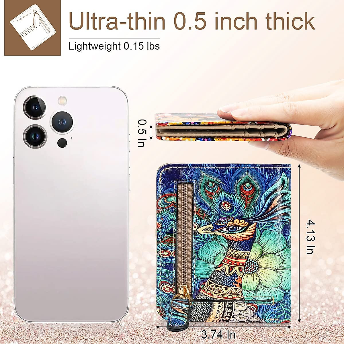APHISON Womens Wallet, Slim Small Wallet for Women RFID Wallet Women Cartoon Microfiber Leather with ID Credit Card Holder Zipper Coin Pocket Bifold Compact Wallet Peacock