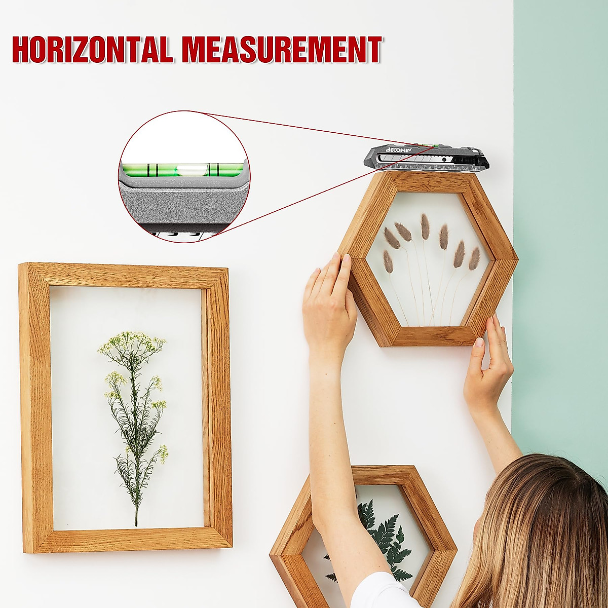 BECOWIN Multipurpose Utility Knife with Level and Ruler, Heavy Duty Metal Retractable Box Cutter Knife, 18MM SK5 Blade, Safety Lock Design for Measuring, Cutting Cartons, Cardboards and Boxes