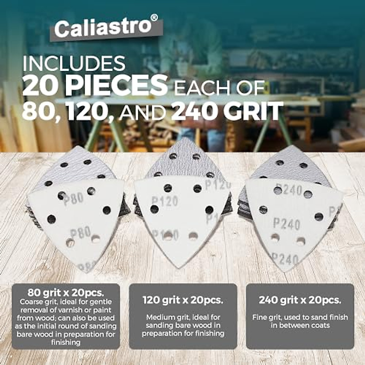 3 3/4" Triangle Sandpaper for Oscillating Multi-tool - Fits 3.5 Inch Corner Sanding Pads Including DeWalt, Milwaukee, Craftsman, Bosch, and Diablo; Delta Sandpaper with 80, 120 and 240 grits - 60-Pack