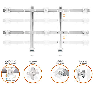 Stand Steady 6 Monitor Mount Desk Setup - Heavy-Duty Height Adjustable Monitor Stand, Swivel Arm with Clamp-On Base, 6 Screen VESA Mount Fits Most LCD/LED Monitors 17-32 in. (Silver, 6 Mounts)