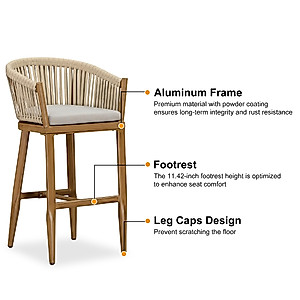 PURPLE LEAF 3 Pieces Outdoor Bar Height Stools Set Patio Aluminium Modern Wicker Bar Chairs and High Top Bar Table for Balcony Garden Indoor Kitchen Poolside Teak