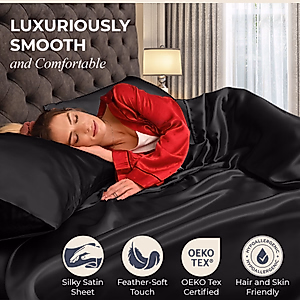 DECOLURE Satin Sheets Full Set 6pcs - Hotel Luxury Silk Touch Satin Sheets Full - Elegant Silky Soft Full Size Bed Sheets，Wrinkle-Free Black Satin Sheets Full Set with Fitted Sheets, Deep Pocket Full