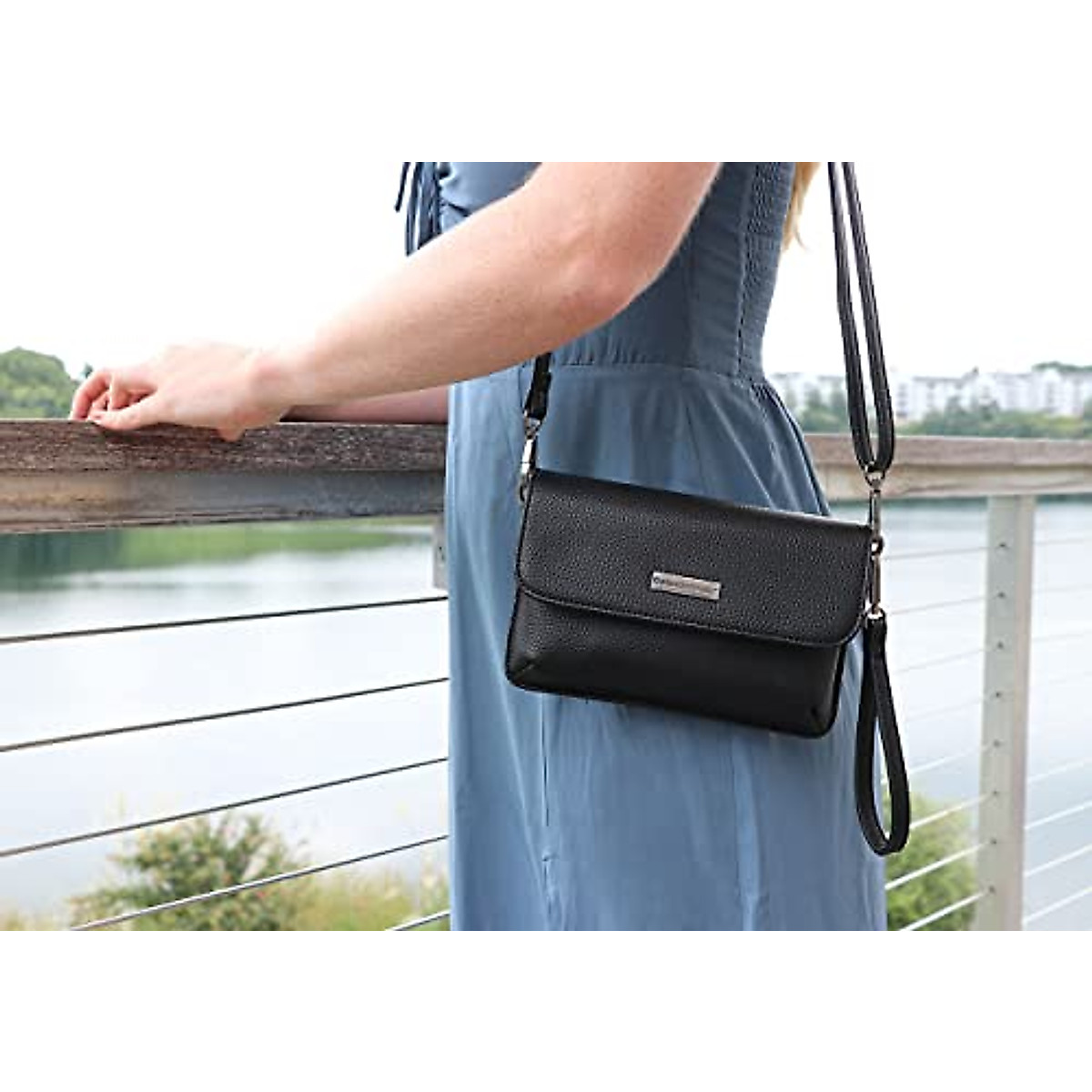 DefenderShield EMF Protection Clutch Purse - RFID Blocking Anti Radiation Crossbody Wristlet Handbag - Vegan Leather Bag, Black Pebble Grain