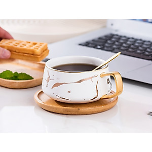 Jusalpha 10 oz Luxury Golden Hand Print Coffee Teacup with Bamboo Saucer Set Fashion Marble Pattern for Women TCS19 (White)