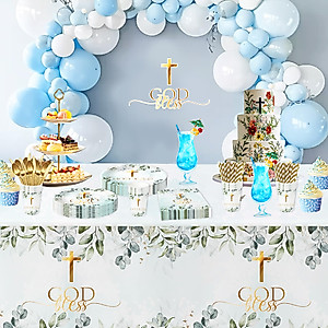 Suhelkit First Communion Decorations Tableware Boy - God Bless Baptism Plate, Cup, Napkin, Tablecloth, Cutlery, Mi Bautizo Eucalyptus Leaves Sage For Christening Baby Shower Religious Party | Serve 24