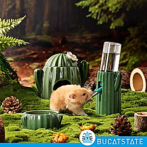 BUCATSTATE Cactus Ceramic Leakproof Hamster Water Bottle Guinea Pig Water Bottles Rabbit Water Bottle with Holder Water Feeder for Small Animals