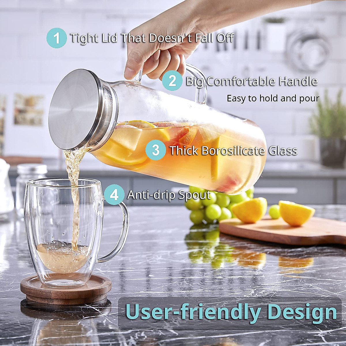 1.6 Liter 54 oz Glass Pitcher with Lid and Spout, Bivvclaz Glass Carafe Water Pitcher for Hot/Cold Water, Iced Tea, Drinks, Coffee, Juice and Homemade Beverage