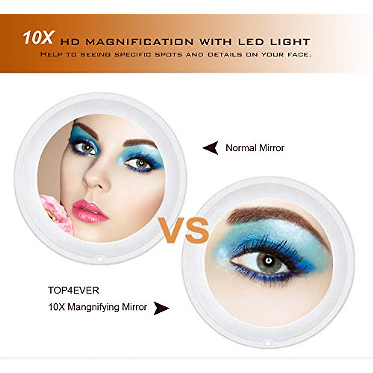 TOP4EVER Flexible 10X Magnifying Suction Mirror, Dimmable LED Lighted Vanity Mirror,Power Locking Suction Cup with Day Light and 360 Degree Swivel, Portable Vanity Mirror for Home Bathroom