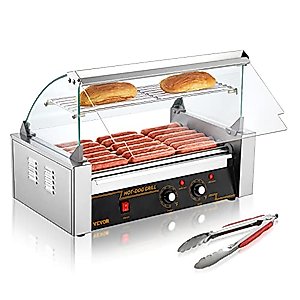 VEVOR Hot Dog Roller 7 Rollers 18 Hot Dogs Capacity 1050W Stainless Sausage Grill Cooker Machine with Dual Temp Control Glass Hood Acrylic Cover Bun Warmer Shelf Removable Oil Drip Tray, ETL Certified