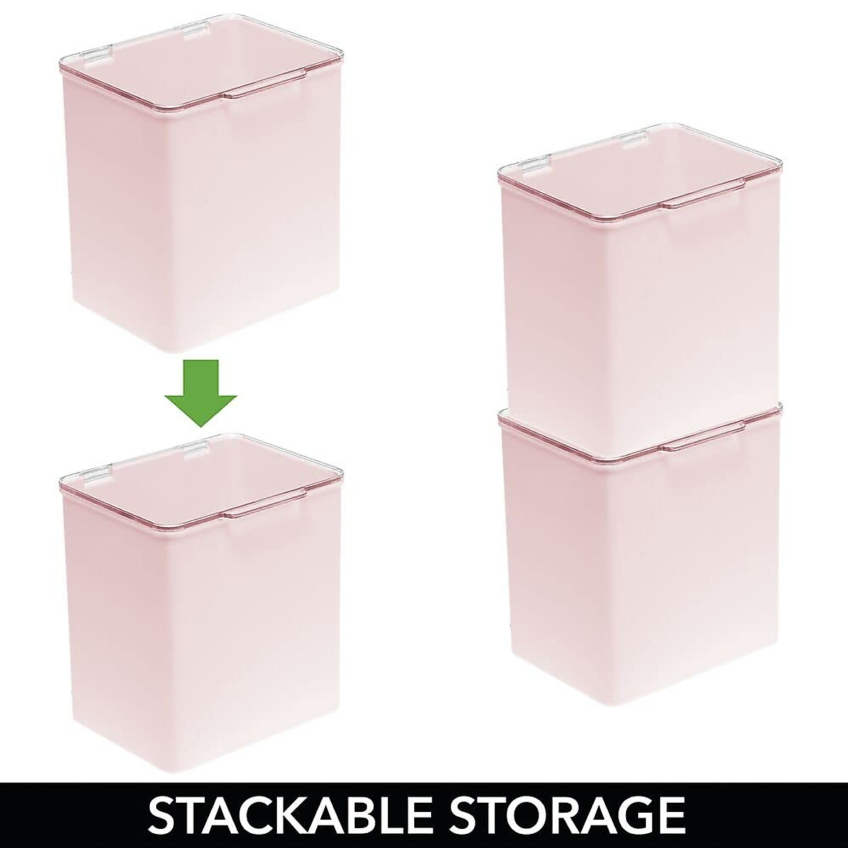 mDesign Plastic Stackable Box Household Storage Container with Attached Hinged Lid - Organizer for Entryway, Mudroom, Closet, Kitchen, Bathroom, Garage Kid's Room, Craft, 4 Pack - Light Pink/Clear