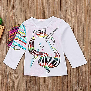 Newfancy Toddler Kid Baby Girls Tassel Fringe Unicorn Tee Long Sleeve Tops T- Shirt White , White ,4T-5T