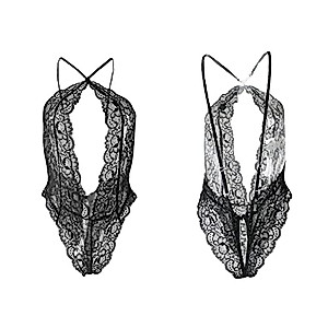 Maiyifu-GJ Womens Deep V Floral Lace Bodysuit One Piece Sexy Halter Babydoll Negligee See Through Backless Teddy Lingerie (Black,3X-Large)