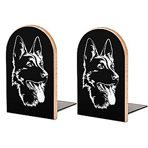 Book Ends German Shepherd Head Print Wood BookEnds 1 Pair Non-Skid Book Stoppers for Office/Table