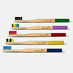 MamaP Bamboo Toothbrush Set for Adults, Medium Nylon Bristles, Family Toothbrush Multipack, Eco-Friendly 100% Natural, Recyclable & Compostable, Multicolor Handle, 5-Pack
