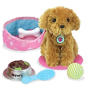 Sophia's Plush Puppy Dog and Accessories Set with Leash, Food Bowl, Brush, Toy Ball, Toy Bone, Bed, and Blanket for 18" Dolls, Multicolor