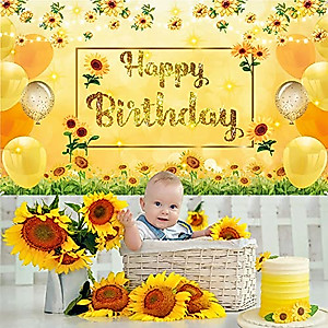 Sunflower Happy Birthday Decorations Banner, Sunflower Birthday Banner, Large Yellow Sunflower Birthday Banner Photo Background Backdrop for Women Men Boys Girls Birthday Baby Shower