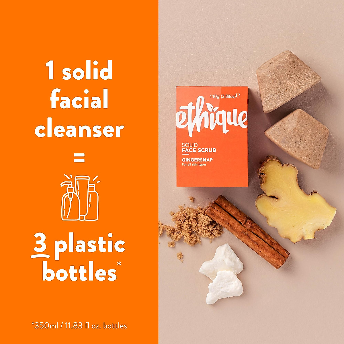 Ethique Gingersnap - Gentle Natural Solid Face Scrub - Exfoliating Face Cleanser for All Skin Types -Vegan, Eco-Friendly- Zero-Waste, Plastic-Free, Cruelty-Free, 3.53 oz (Pack of 1: 4 bars)