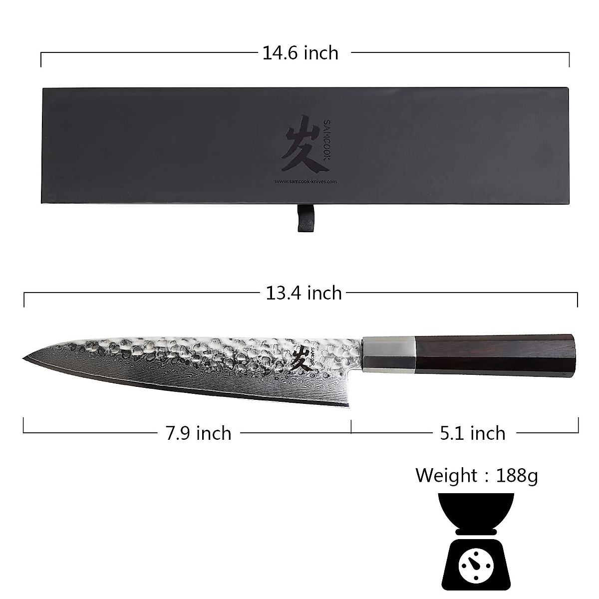 SAMCOOK Japanese Chef Knife - 8 Inch Professional Hand Forged Gyuto Knife - VG-10 Damascus High Carbon Stainless Steel Kitchen Cooking knife - Ergonomic Black Sandalwood Handle with Gift Box