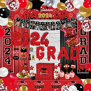 Party Spot！2024 Graduation Party Decorations, 125 PCS Graduation Decorations Class of 2024, Graduation Banner, Tablecloth, Balloons, Cake Toppers, Red and Gold Graduation Party Decorations
