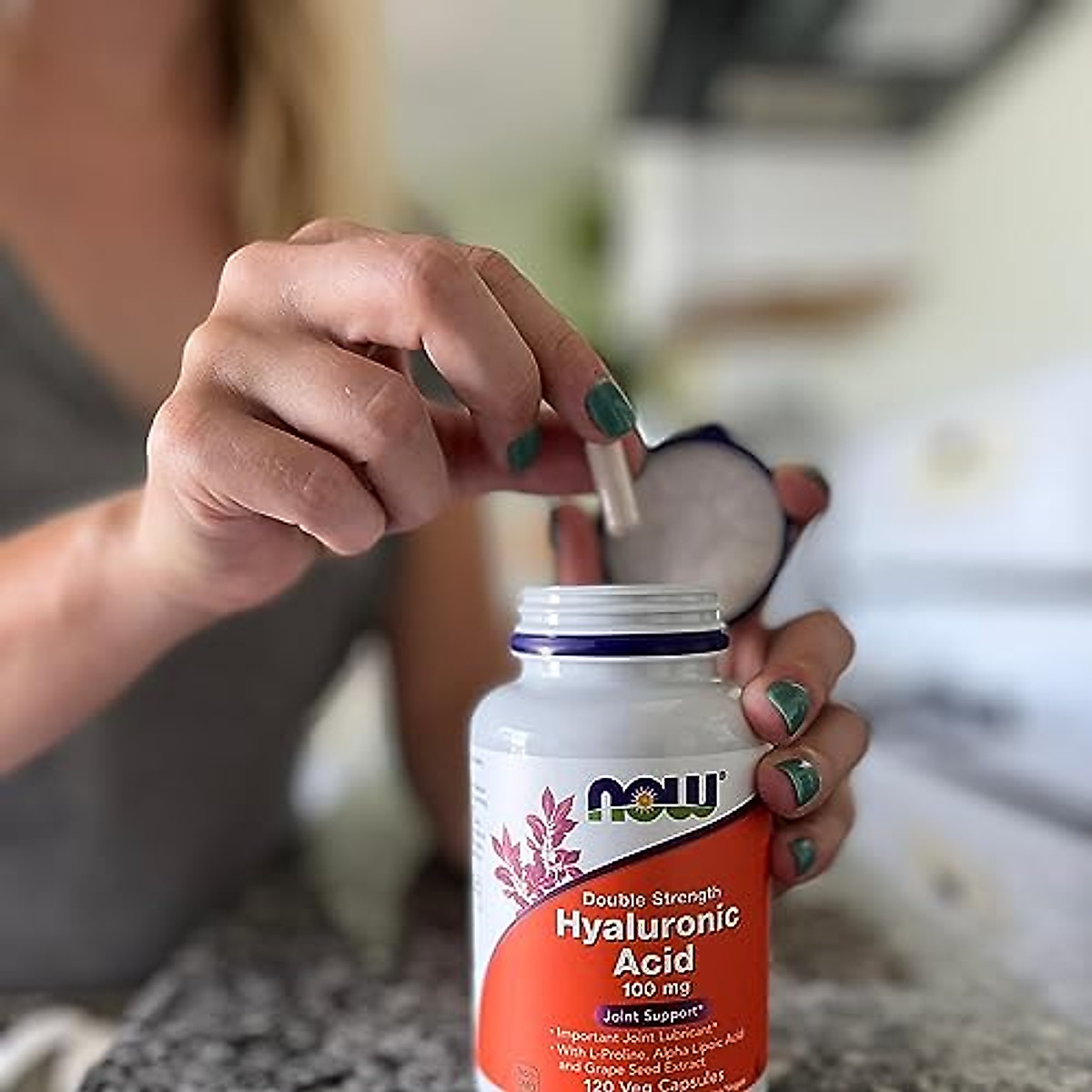 NOW Supplements, Hyaluronic Acid 100 mg, Double Strength with L-Proline, Alpha Lipoic Acid and Grape Seed Extract, 120 Veg Capsules