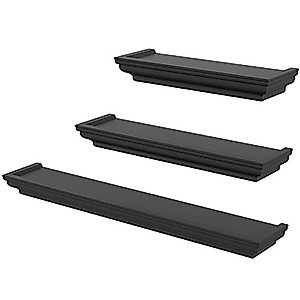 Ballucci Set of 3 Crown Molding Style Floating Wall Shelves, Wooden Ledges for Living Room, Bedroom, Bathroom, Kitchen, Office; 24, 16, 12" - Black