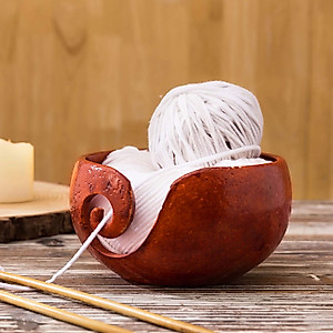 MyGift Knitting Yarn Bowl, Rustic Handcrafted Carmel Ceramic Yarn Ball Holder, Crochet Side Pull Yarn Bowl