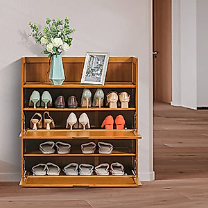 MoNiBloom 5 Tier Shoe Storage Cabinet, Bamboo Shoes Heels Sneakers Rack Organizer with Pull-Down Doors for 16-20 Pairs Entryway Hallway Living Room, Brown